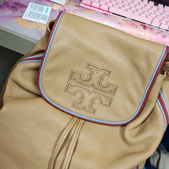 Tory Burch | Bags | Tory Burch Beige Backpack With Red And Blue Trim ...